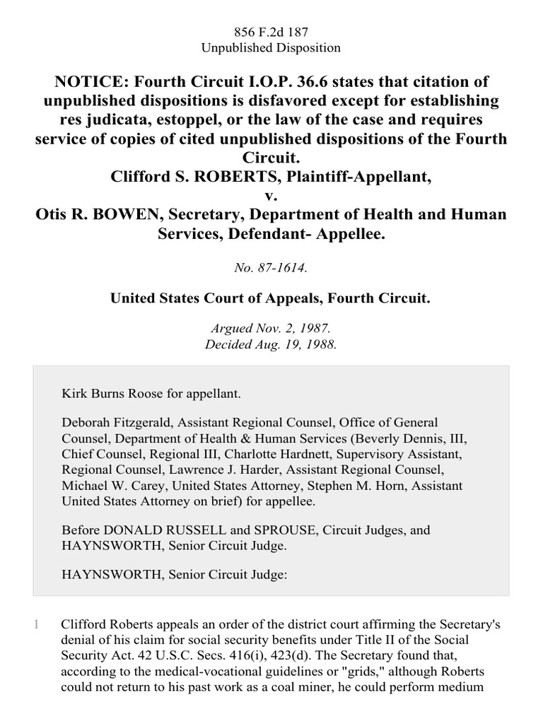 Clifford S. Roberts v. Otis R. Bowen, Secretary, Department of Health ...