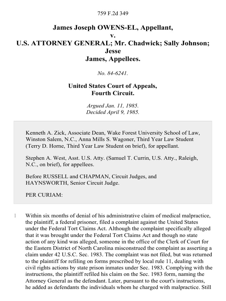 James Joseph Owens-El v. U.S. Attorney General Mr. Chadwick Sally ...