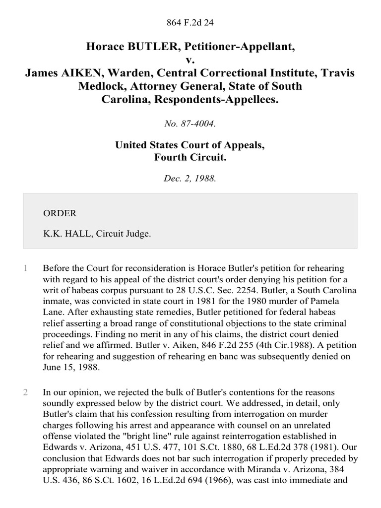 Horace Butler v. James Aiken, Warden, Central Correctional Institute ...