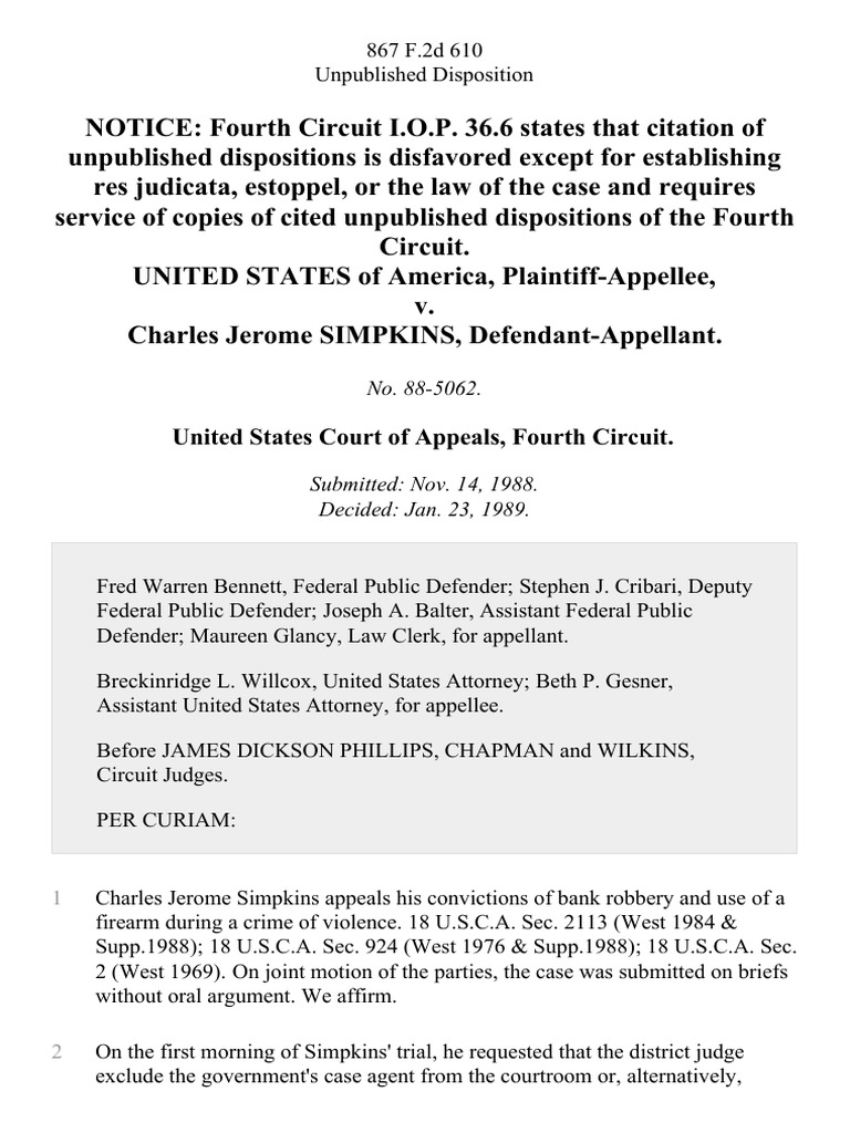 United States v. Charles Jerome Simpkins, 867 F.2d 610, 4th Cir. (1989 ...