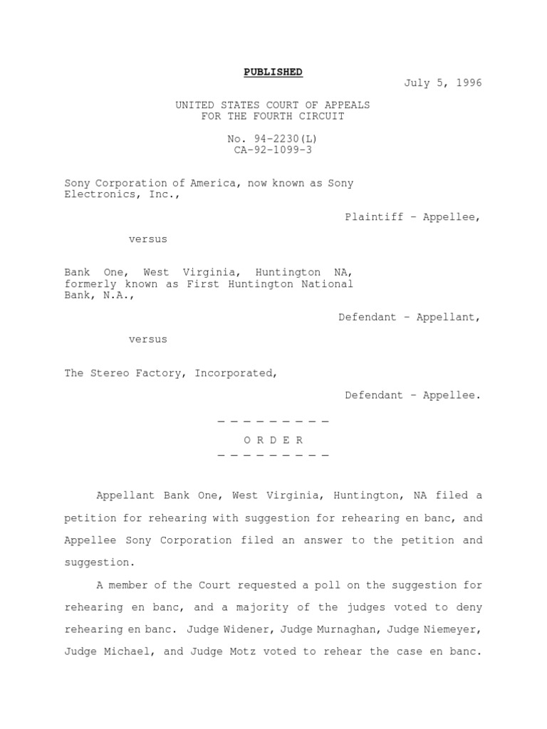 Sony Corp v. Bank One, 4th Cir. (1996) | PDF