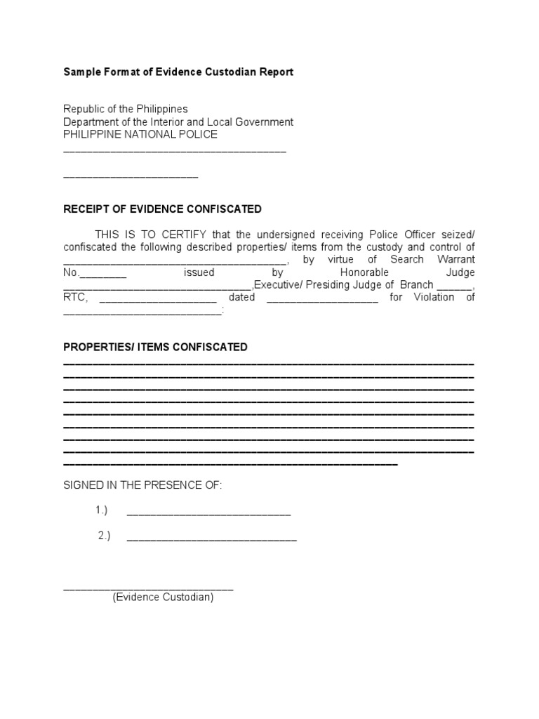 Sample Format of Evidence Custodian Report | PDF