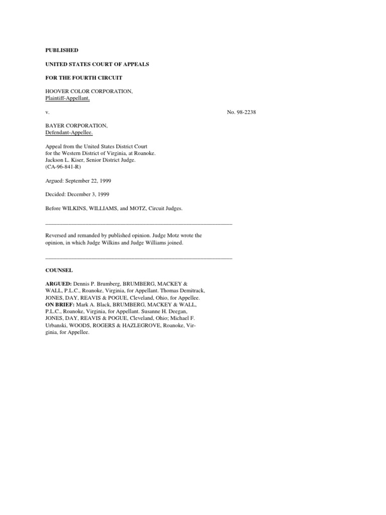Hoover Color Corp v. Bayer Corporation, 4th Cir. (1999) | PDF ...