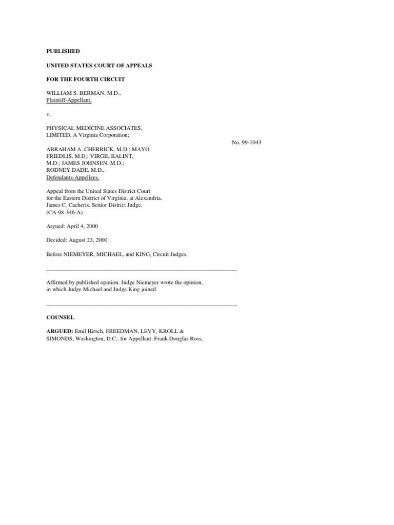 Berman v. Physical Medicine, 4th Cir. (2000) | PDF | Fiduciary | Board ...