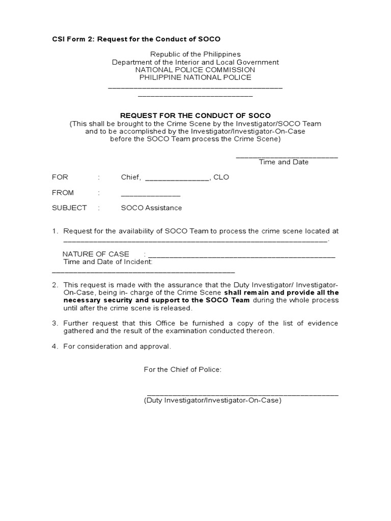 CSI Form 2: Request for the Conduct of SOCO