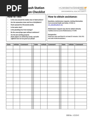 Eye Wash Station Weekly Inspection Checklist Eyewash Stations:
