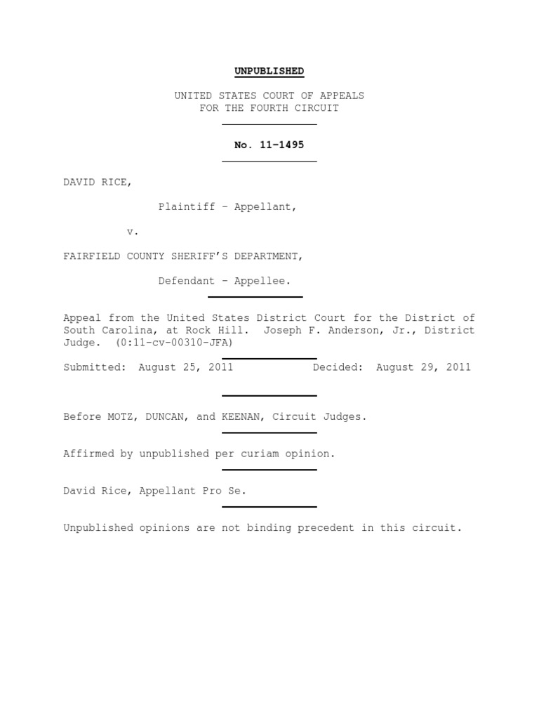David Rice v. Fairfield County Sheriff's Department, 4th Cir. (2011 ...