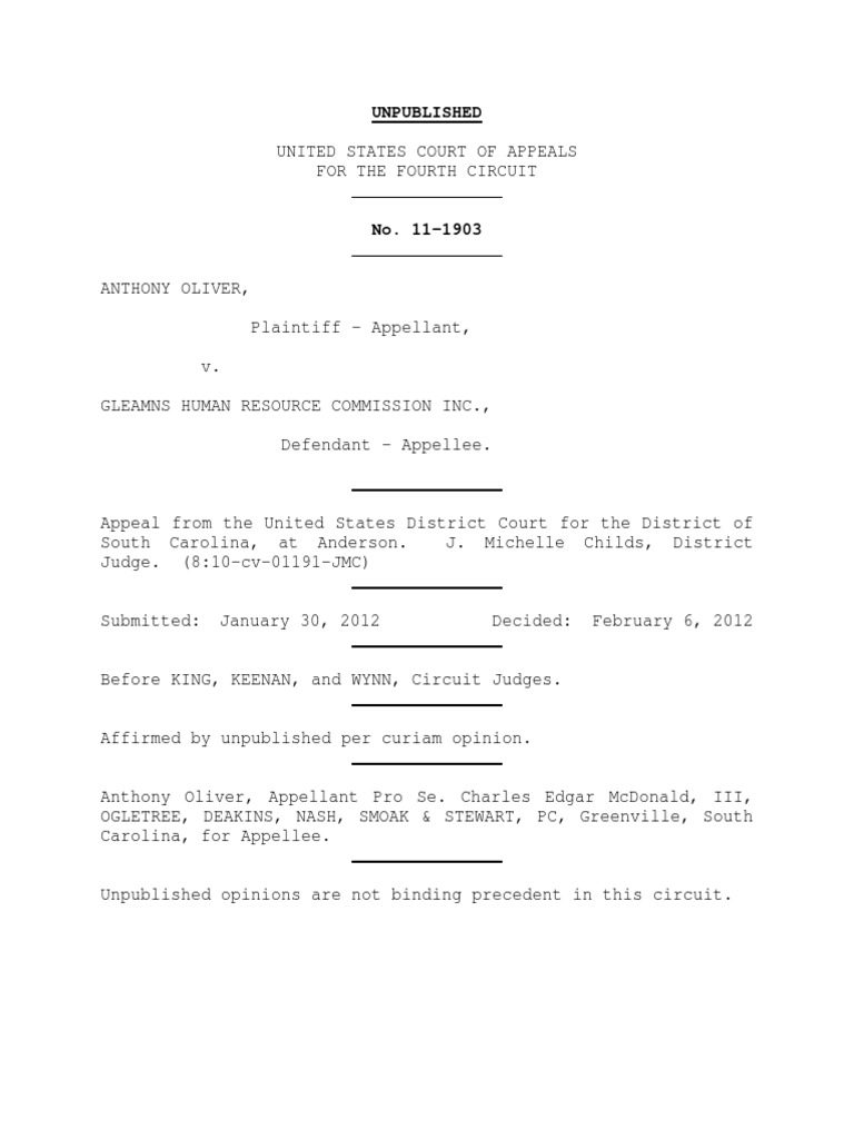 Anthony Oliver v. Gleamns Human Resource Commission, 4th Cir. (2012) | PDF