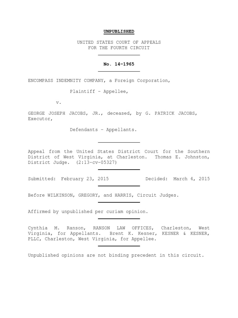 Encompass Indemnity Company v. George Jacobs, JR., 4th Cir. (2015 ...