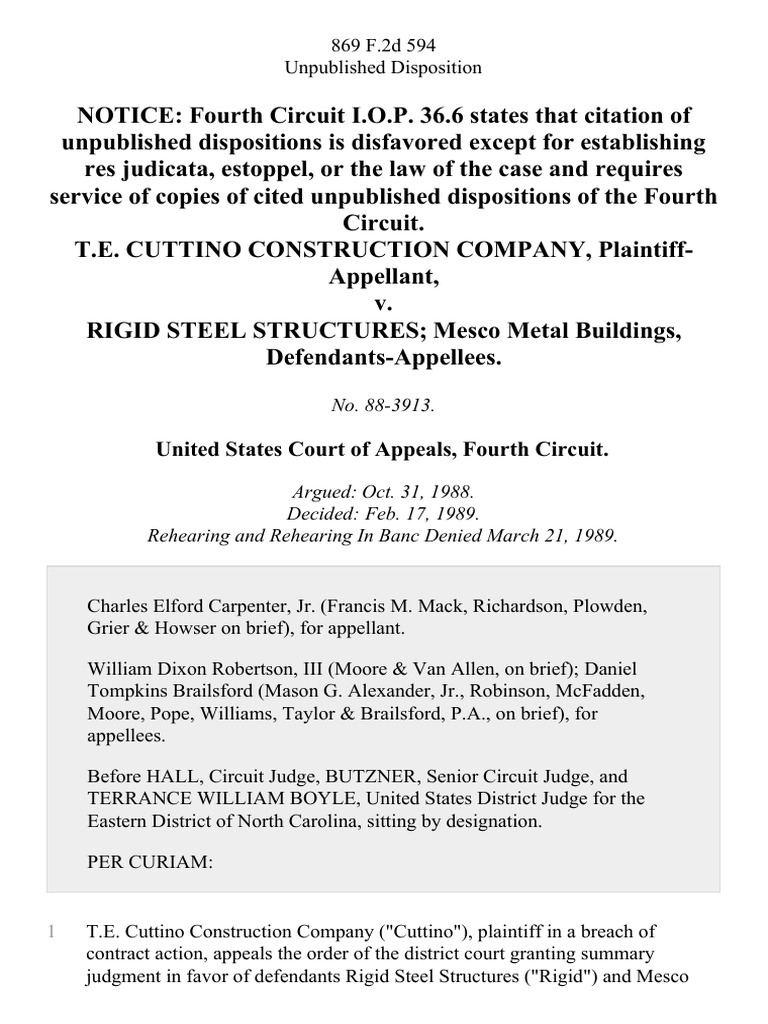 T.E. Cuttino Construction Company v. Rigid Steel Structures Mesco Metal ...