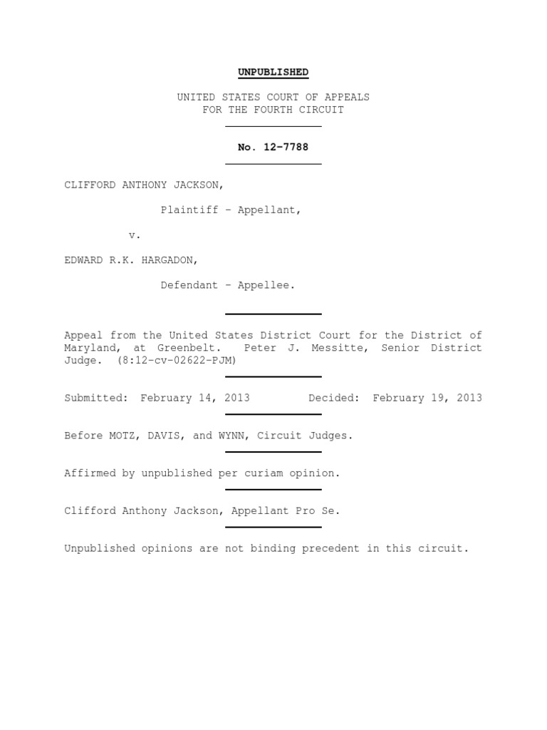 Clifford Jackson v. Edward Hargadon, 4th Cir. (2013) | PDF | Politics ...