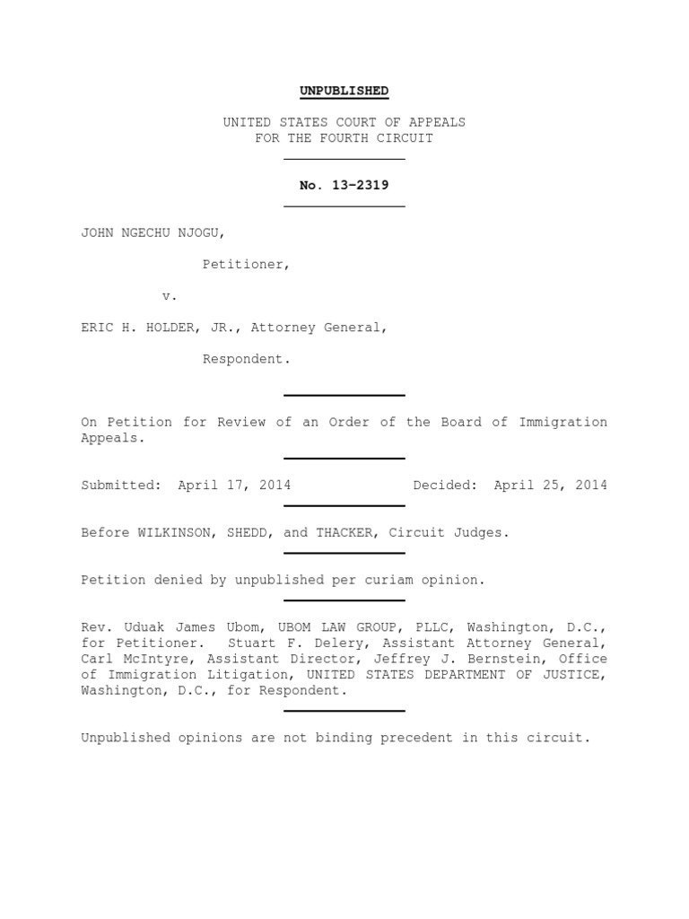 John Njogu v. Eric Holder, JR., 4th Cir. (2014) | PDF | Appeal | Precedent