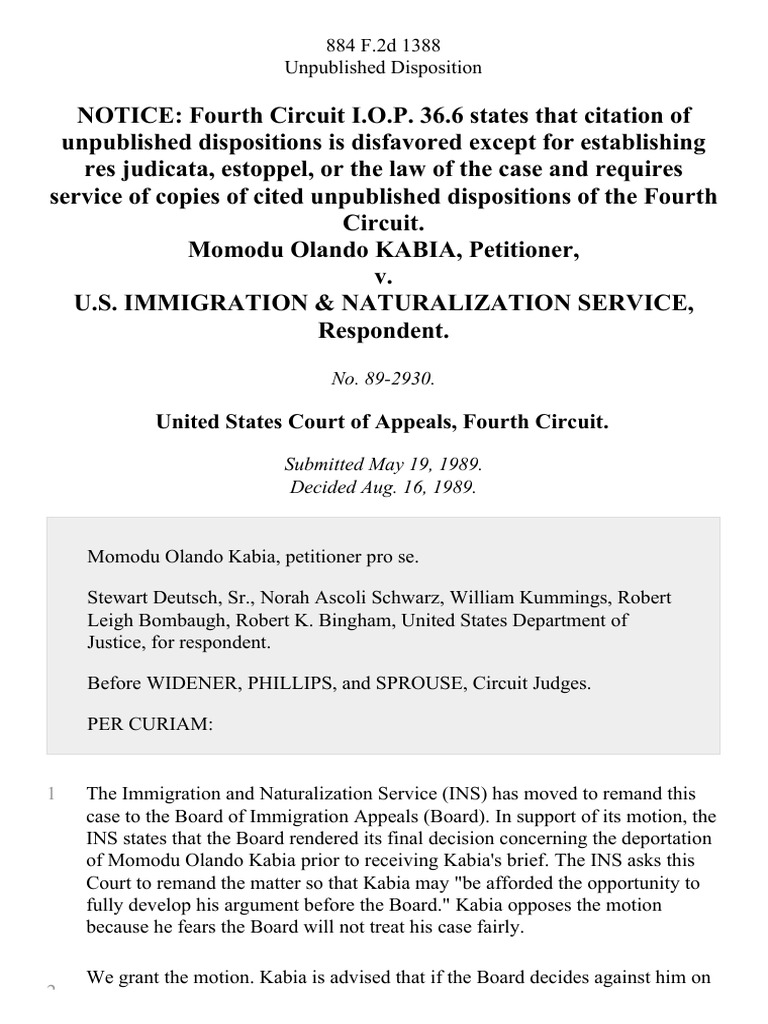 Momodu Olando Kabia v. U.S. Immigration & Naturalization Service, 884 F ...