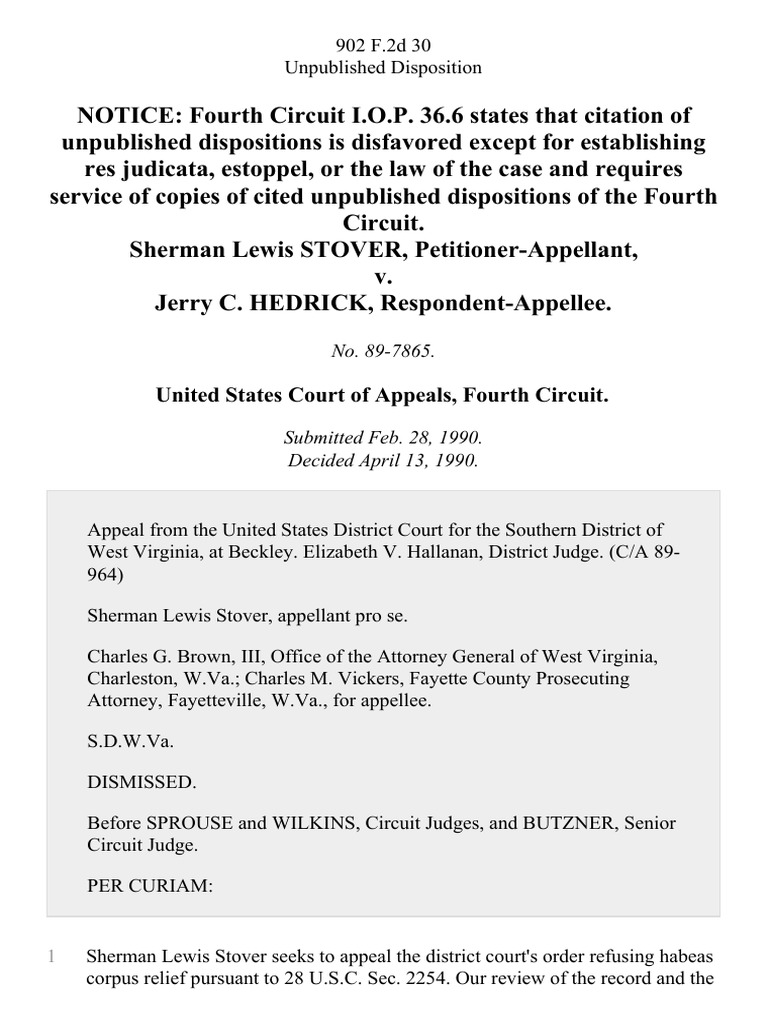Sherman Lewis Stover v. Jerry C. Hedrick, 902 F.2d 30, 4th Cir. (1990) | PDF