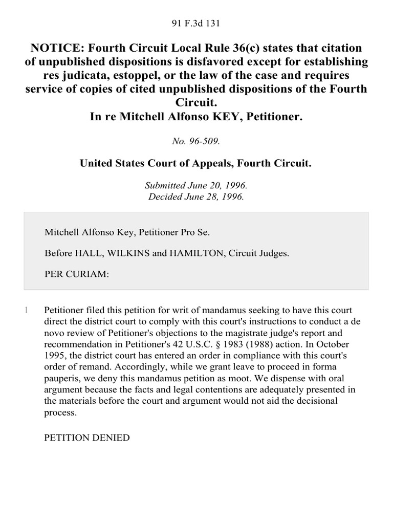 In Re Mitchell Alfonso Key, 91 F.3d 131, 4th Cir. (1996) | PDF | Politics
