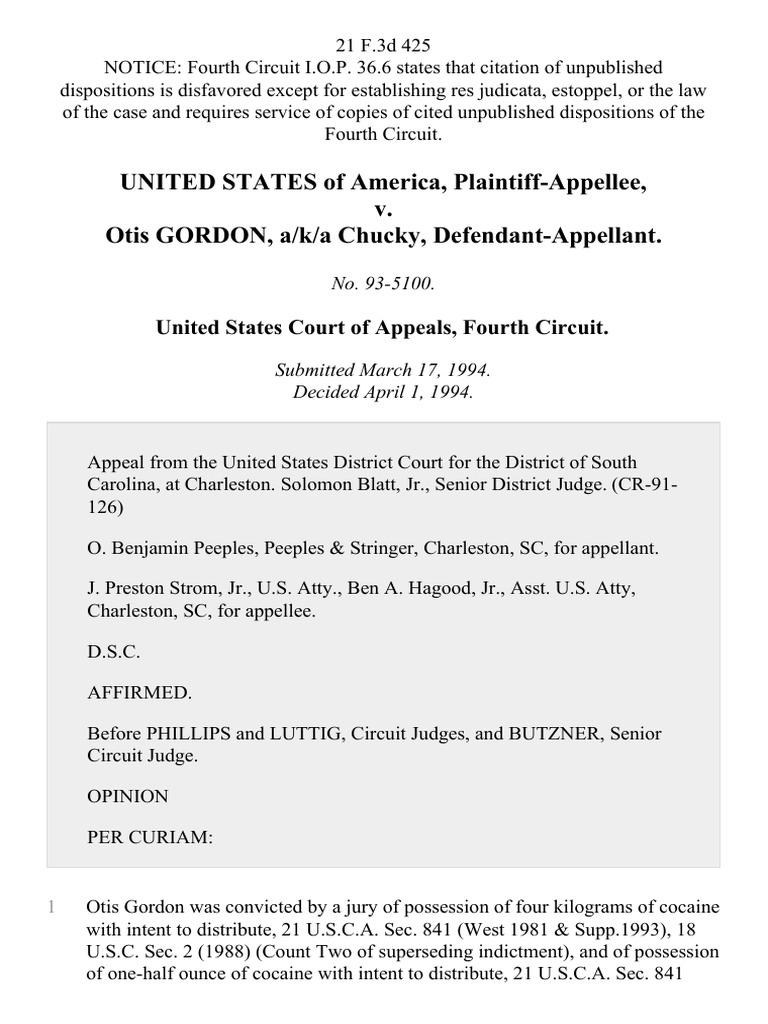 United States v. Otis Gordon, A/K/A Chucky, 21 F.3d 425, 4th Cir. (1994 ...