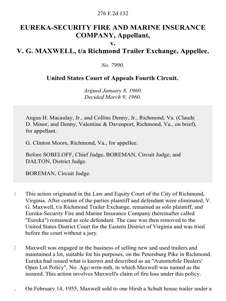 Eureka-Security Fire and Marine Insurance Company v. V. G. Maxwell, T/a ...