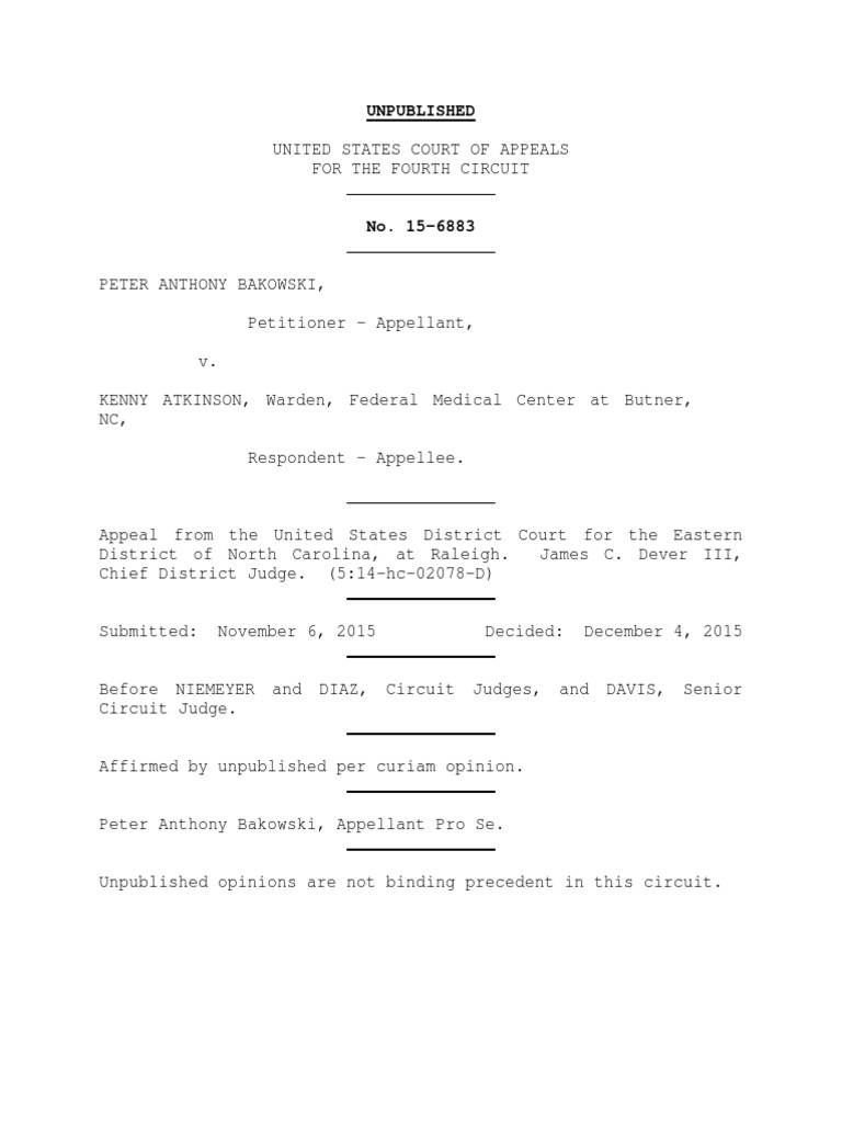 Peter Bakowski v. Kenny Atkinson, 4th Cir. (2015) | PDF