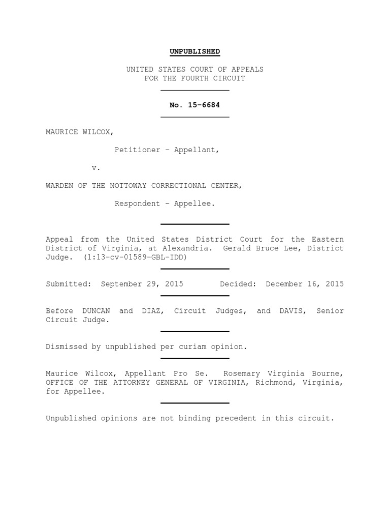 Maurice Wilcox v. Warden, Nottoway Correctional Center, 4th Cir. (2015 ...