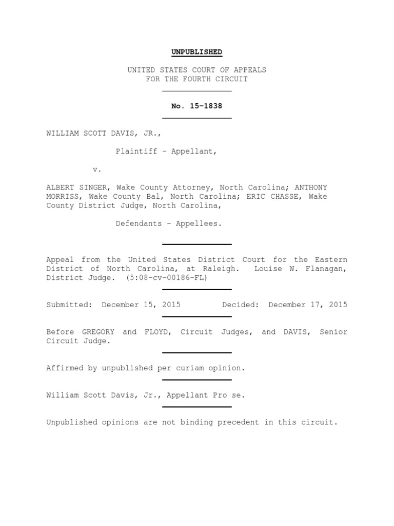 William Davis, Jr. v. Albert Singer, 4th Cir. (2015) | PDF
