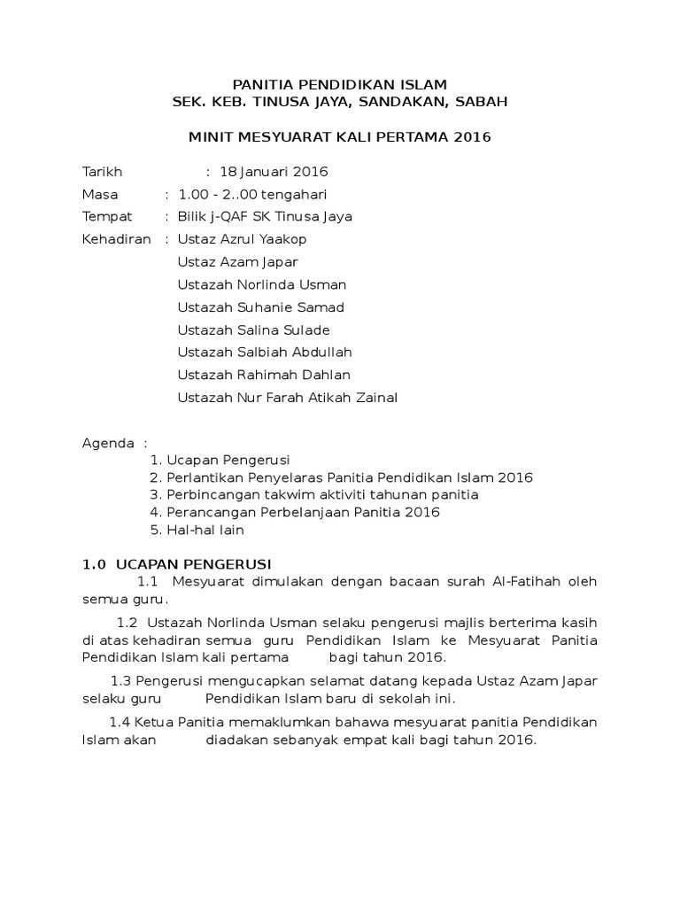 Minit Mesyuarat 1 Panitia Pendidikan Islam | PDF