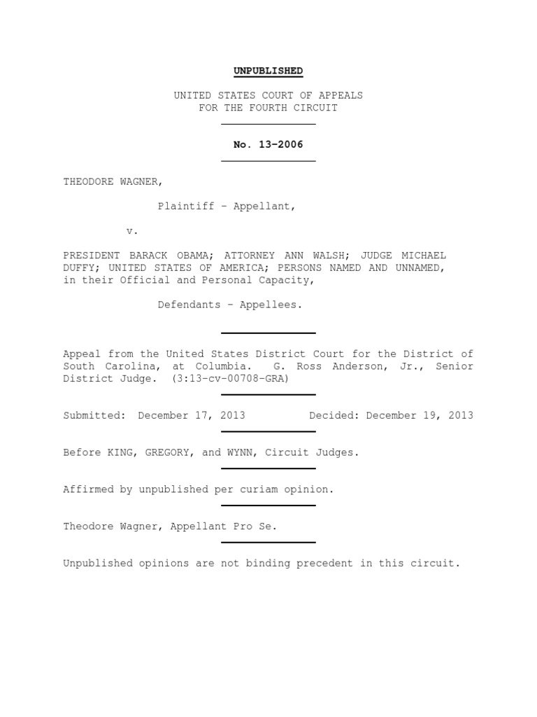 Theodore Wagner v. Barack Obama, 4th Cir. (2013) | PDF | Social Science ...