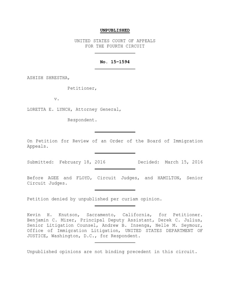 Ashish Shrestha v. Loretta Lynch, 4th Cir. (2016) | PDF | Law