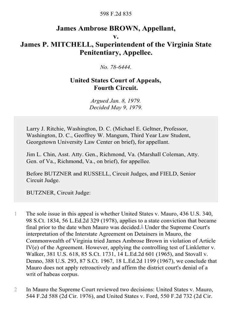 James Ambrose Brown v. James P. Mitchell, Superintendent of The ...