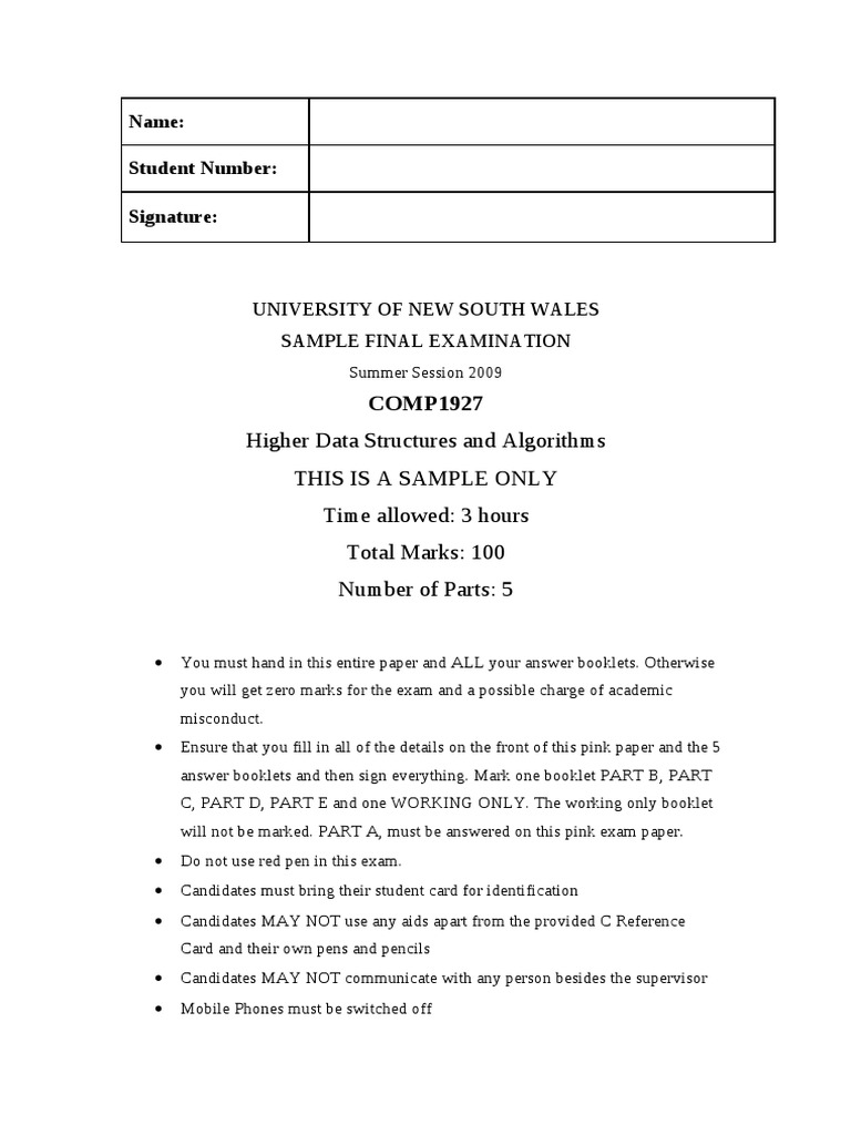 Higher Data Structures and Algorithms This Is A Sample Only Time ...