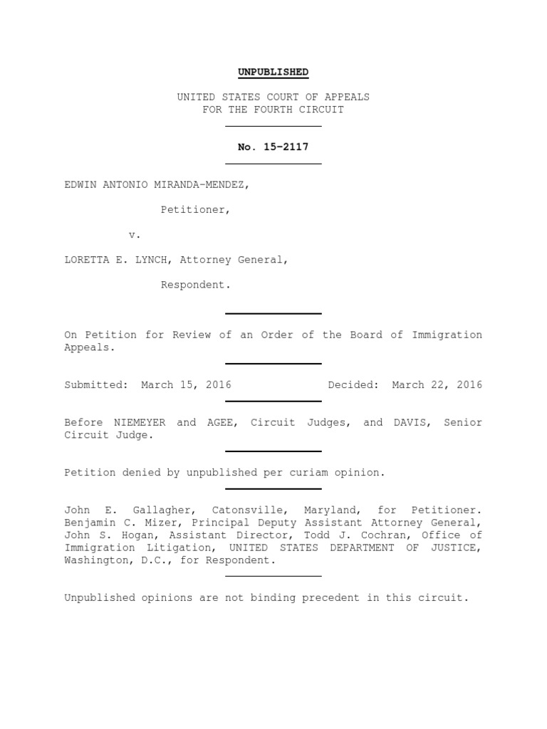 Edwin Miranda-Mendez v. Loretta Lynch, 4th Cir. (2016) | PDF | Social ...