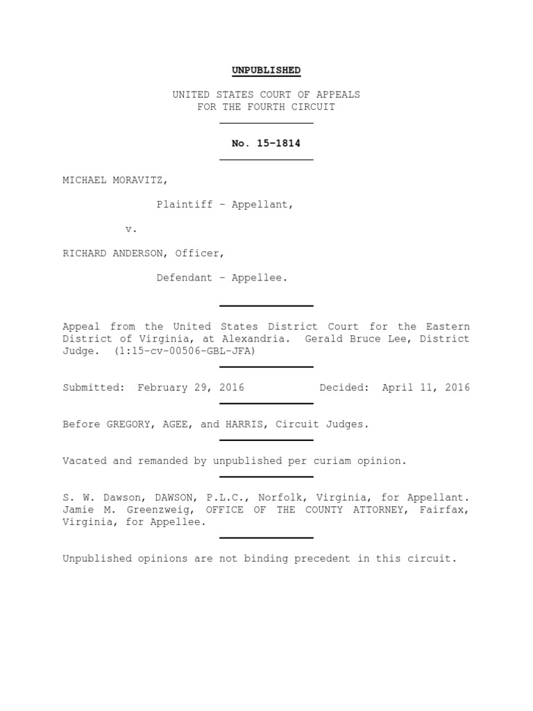 Michael Moravitz v. Richard Anderson, 4th Cir. (2016) | PDF | Appeal ...