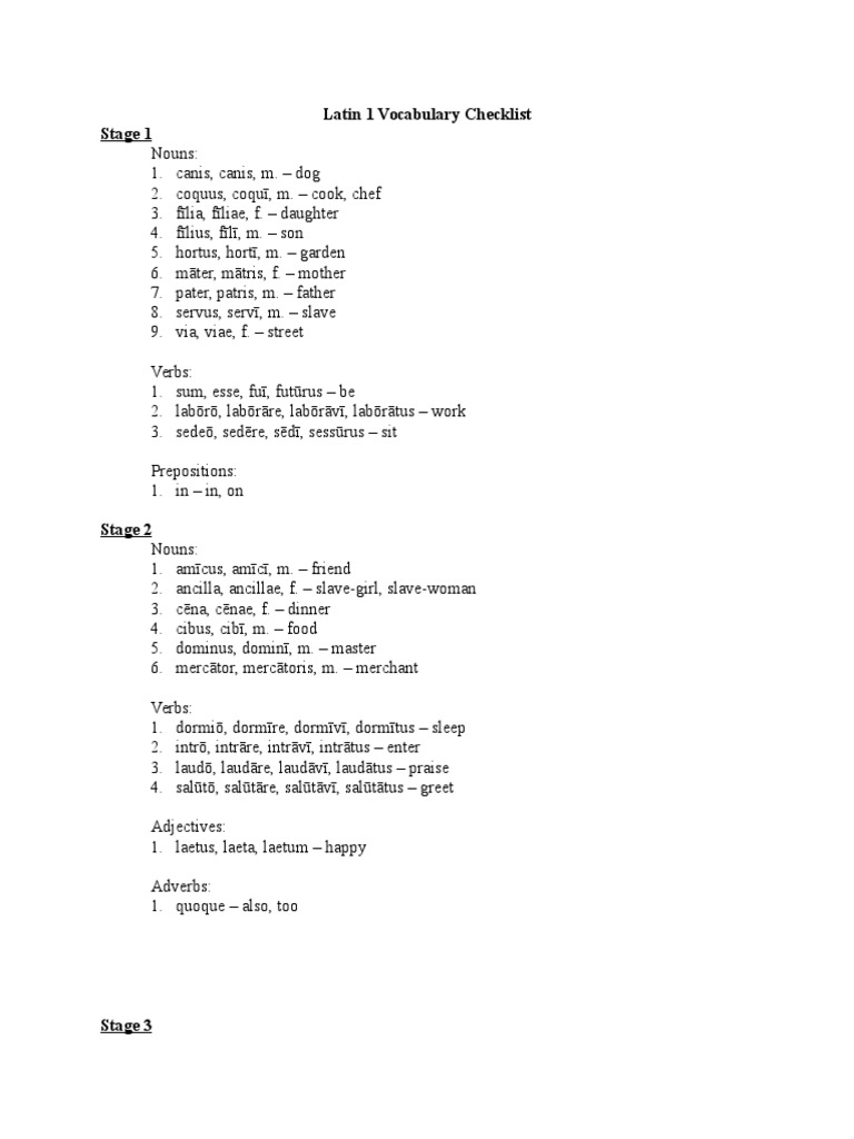 Latin 1 Vocabulary Checklist | PDF | Adjective | Adverb