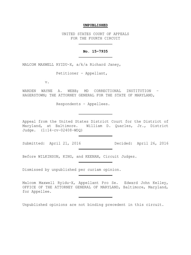 Malcom Ryidu-X v. Warden Wayne Webb, 4th Cir. (2016) | PDF | Politics