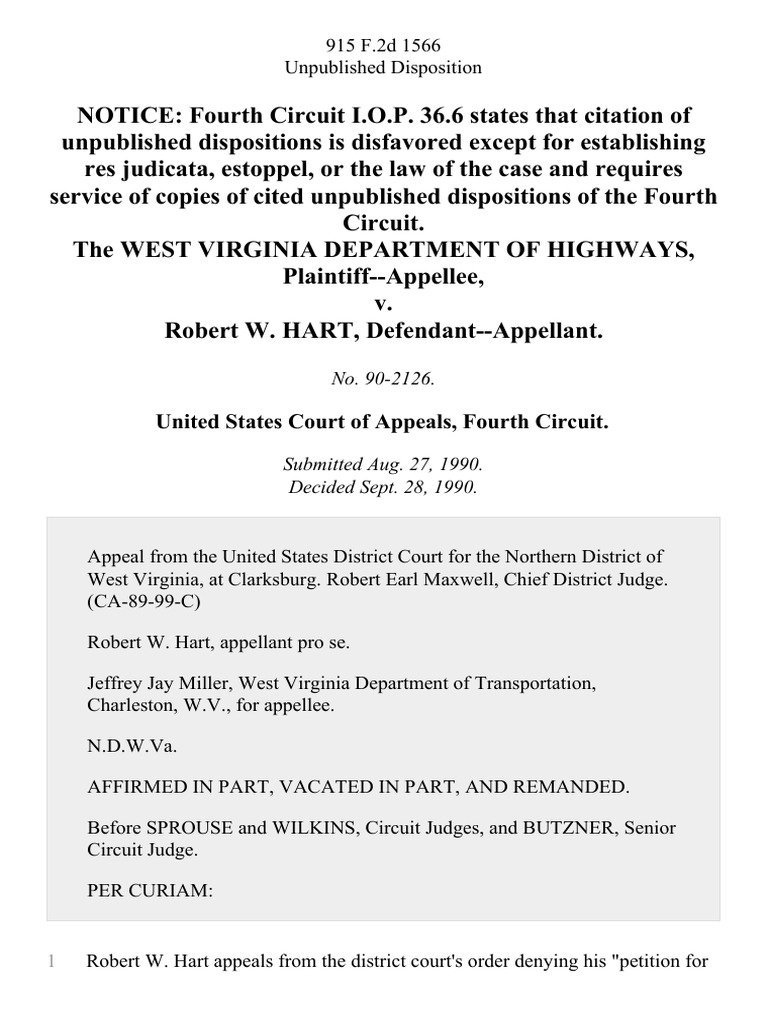 The West Virginia Department of Highways v. Robert W. Hart, 915 F.2d ...