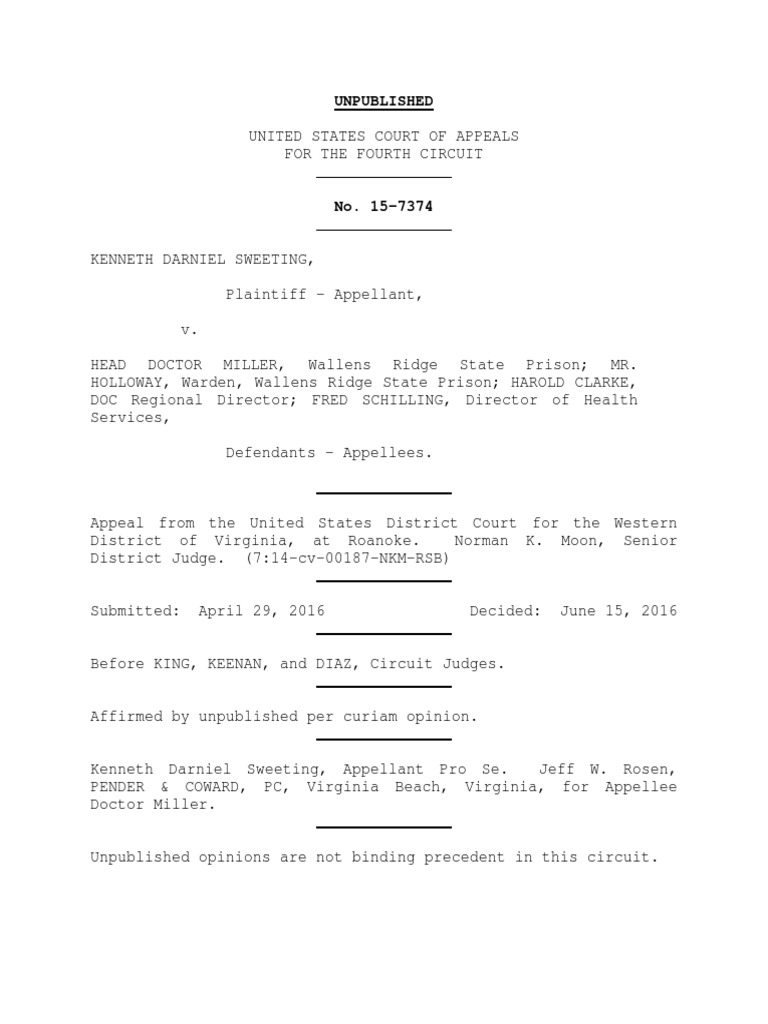Kenneth Sweeting v. Head Doctor Miller, 4th Cir. (2016) | PDF | Politics