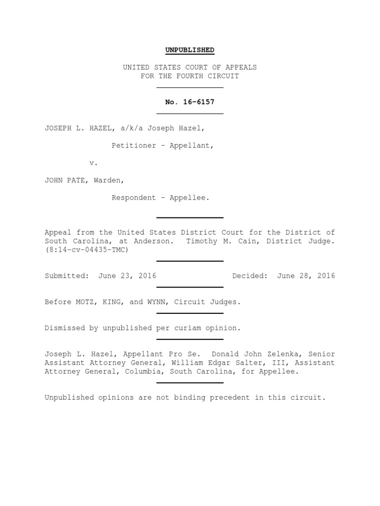 Joseph Hazel v. John Pate, 4th Cir. (2016) | PDF | Procedures Of The ...