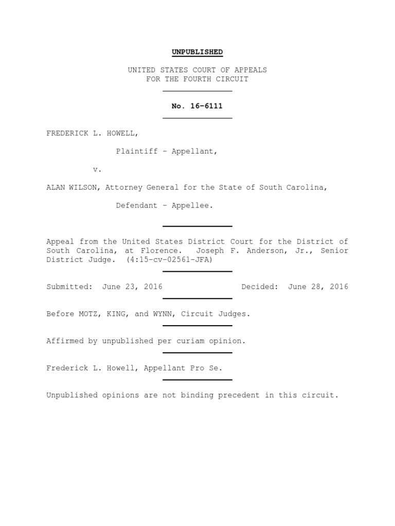 Frederick Howell v. Alan Wilson, 4th Cir. (2016) | PDF | Law
