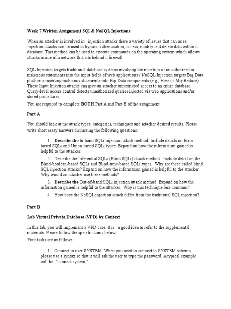 Week 7 Written Assignment SQL & Nosql Injections | PDF | No Sql | Databases