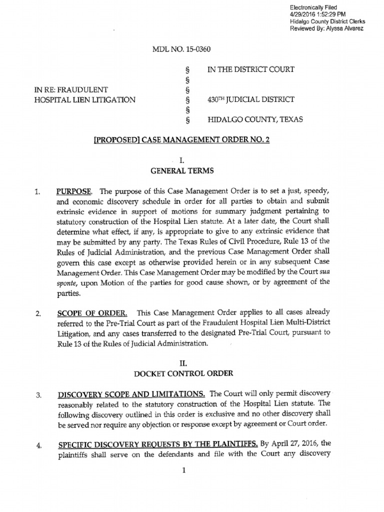 Case Management Order for Hospital Lien Litigation | PDF | Discovery ...
