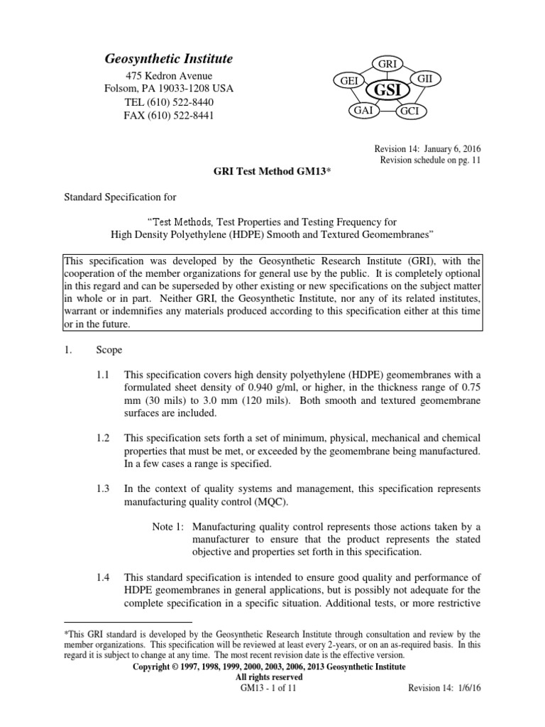 Geosynthetic Institute: GRI Test Method GM13 | PDF | Polyethylene ...