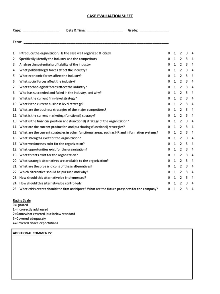 Case Evaluation Sheet: Additional Comments | PDF | Competition ...