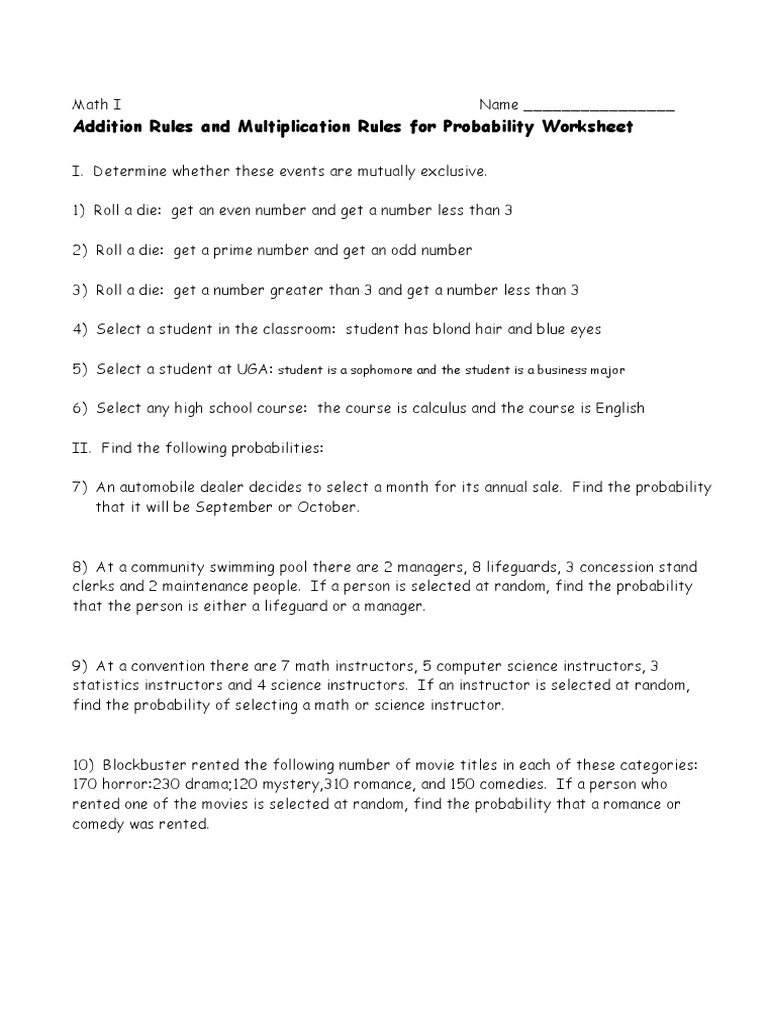 Addition and Multiplication Rules Worksheet | PDF | Playing Cards ...