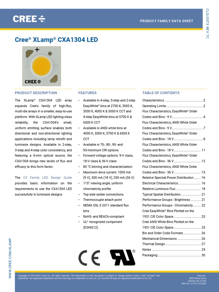 Cree Xlamp Cxa1304 Led: Product Description Features | PDF | Light ...