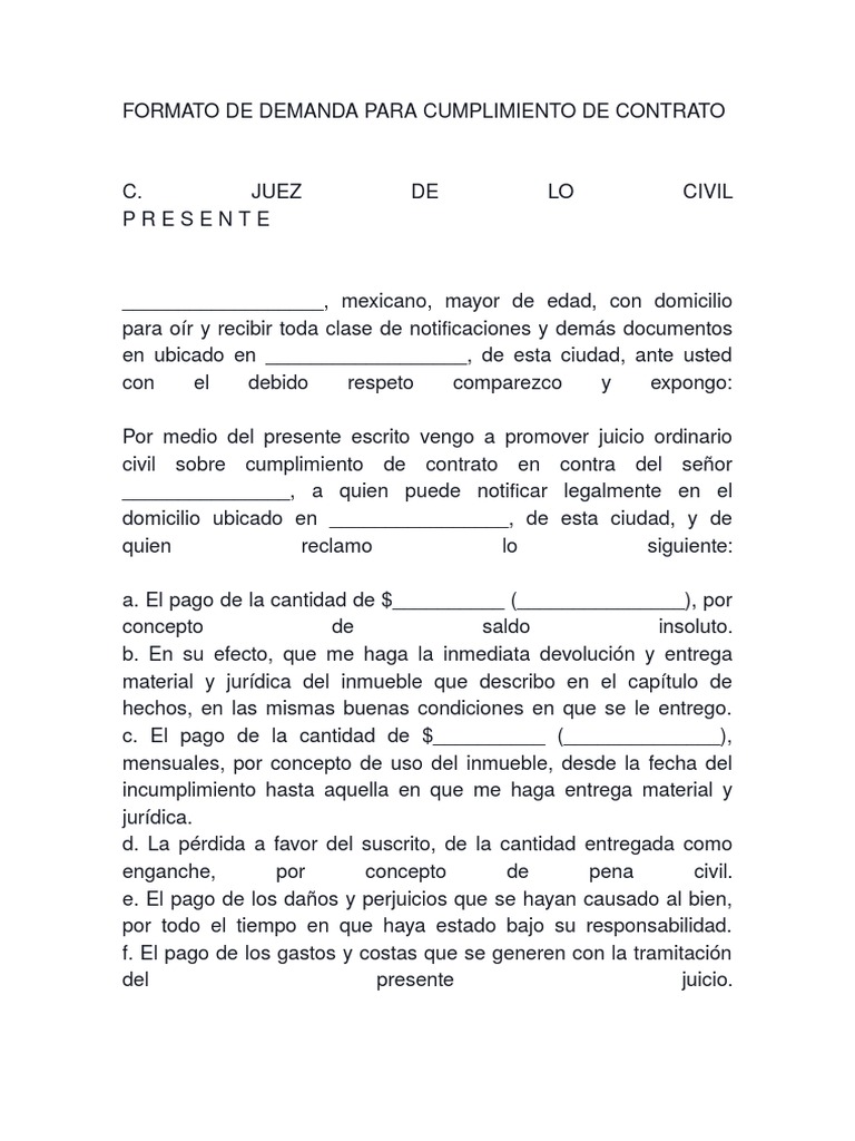 Formato de Demanda Para Cumplimiento de Contrato | Pagos | Demanda judicial