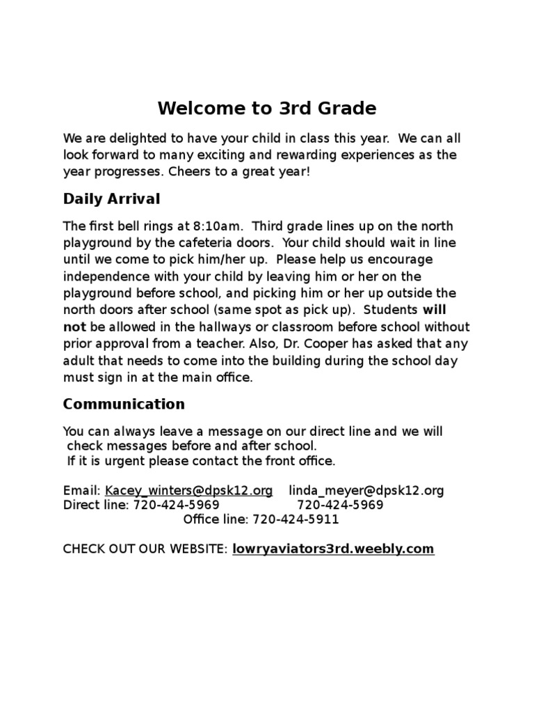 Welcome To 3rd Grade Letter | PDF
