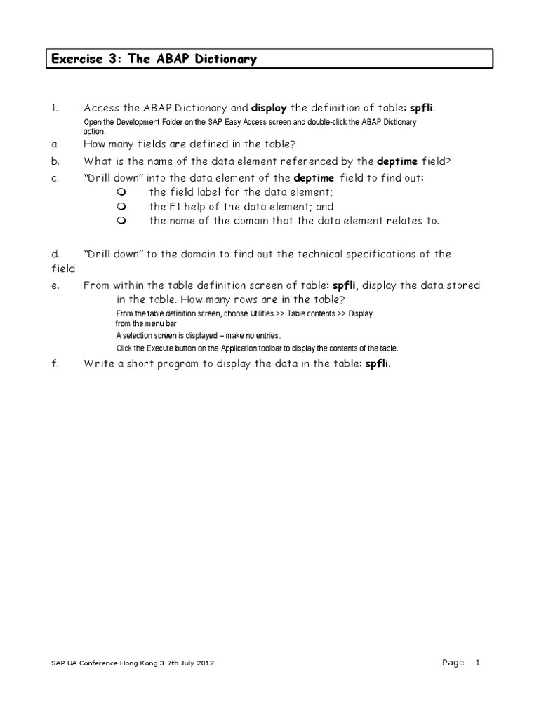 ABAP Dictionary Exercise: Table spfli | PDF