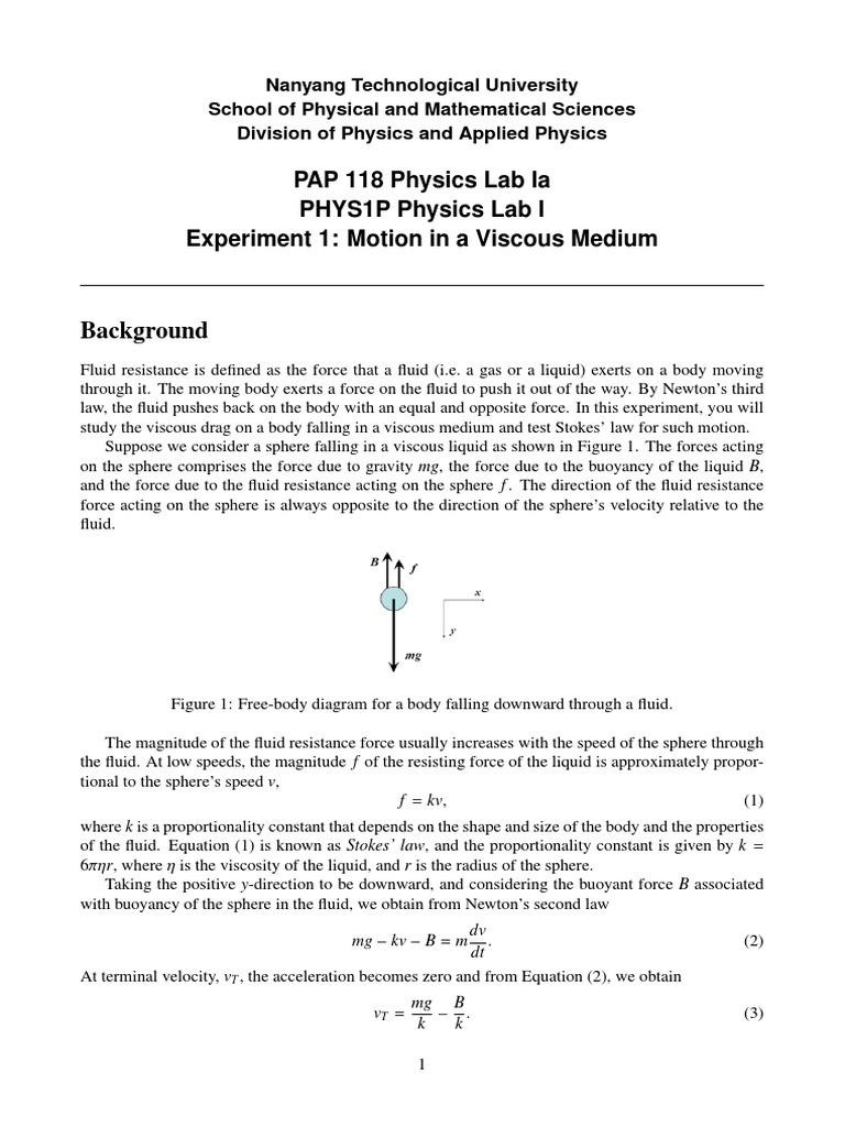 PAP 118 Physics Lab Ia PHYS1P Physics Lab I Experiment 1: Motion in A Viscous Medium | PDF ...