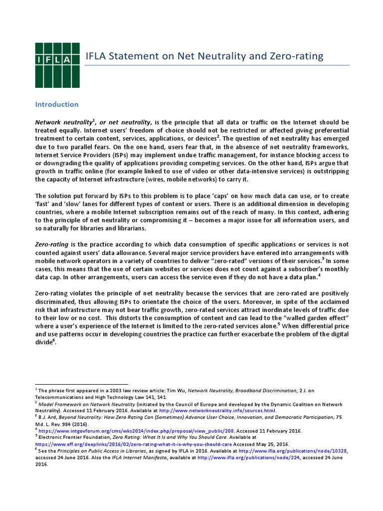 IFLA Statement On Net Neutrality and Zero Rating | PDF | Net Neutrality ...