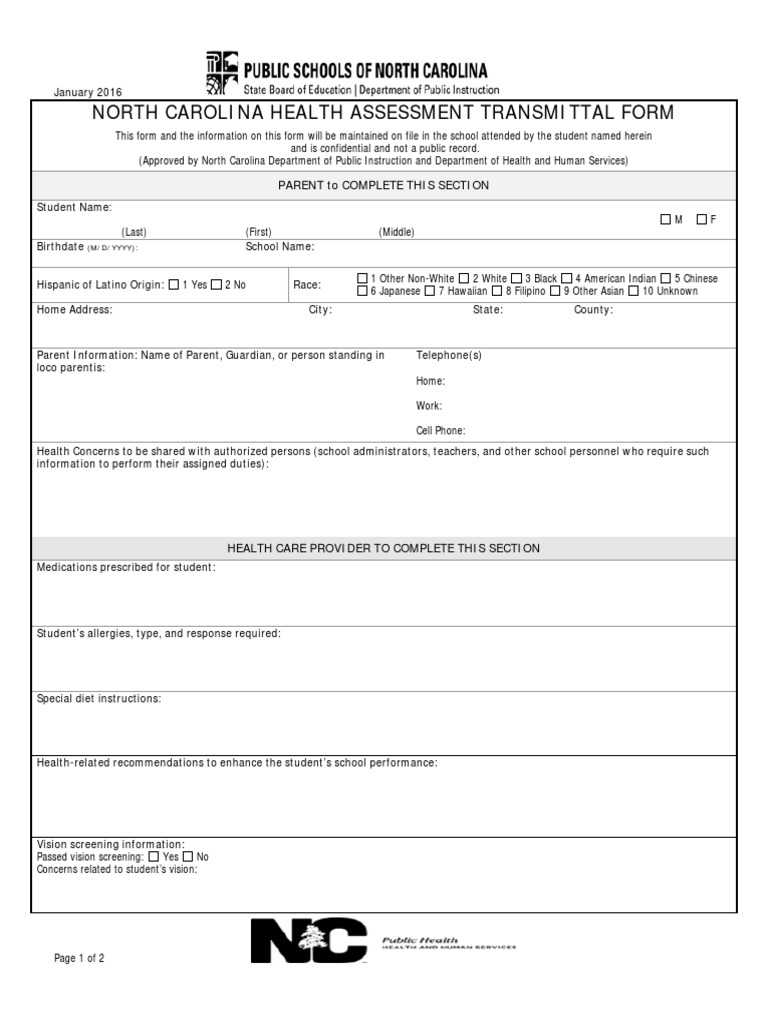 North Carolina Health Assessment Transmittal Form: Parent To Complete ...
