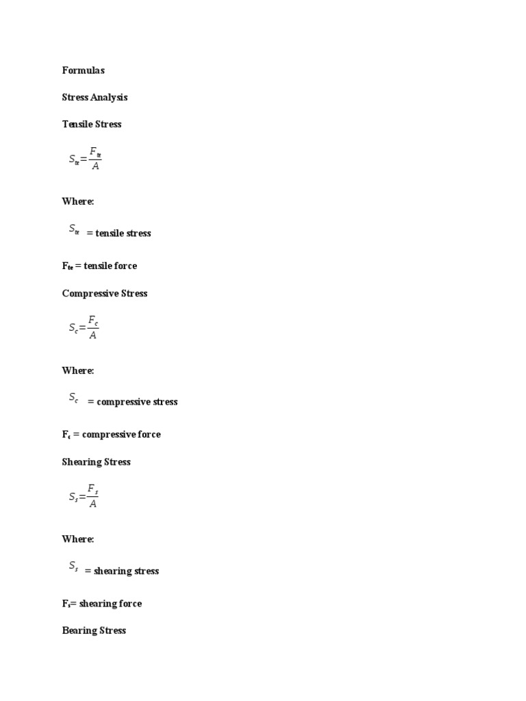 Formulas Stress Analysis Tensile Stress: Te Te | PDF